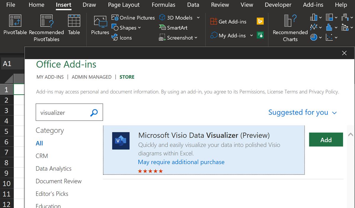 Using the Visio Data Visualizer in Excel